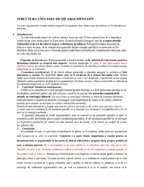 Doc Structura Unui Eseu De Tip Argumentativ