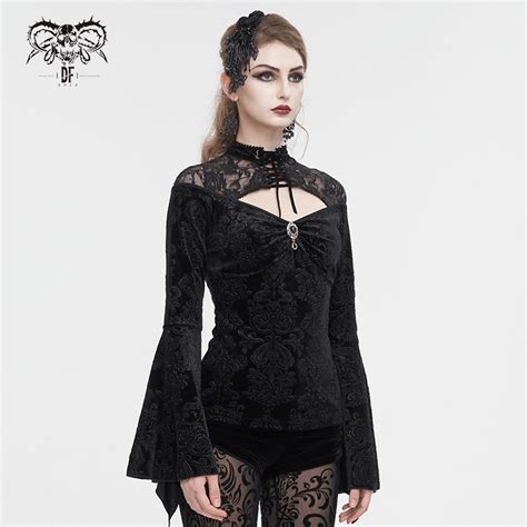 Gothic Velvet Hollow Out V Neck Top With Long Bell Sleeves