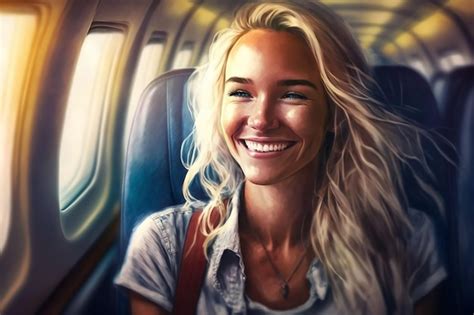 Premium Photo Cheerful Young Woman Sitting In A Modern Airplane Seat
