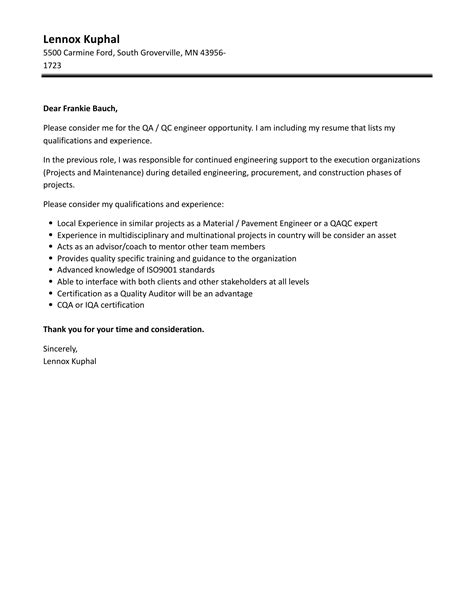 QA QC Engineer Cover Letter Velvet Jobs QA QC Engineer Cover Letter Velvet Jobs
