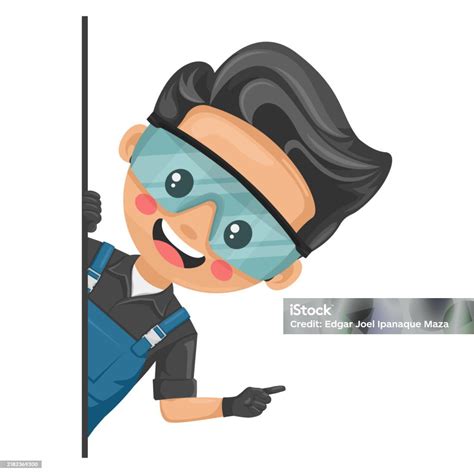 벽 뒤에서 엿보는 유지 보수 기술자 아이디어를 표현하고 집게 손가락으로 표시하십시오 Handyman은 산업 및 가정 환경의 유지 보수 작업에 중점을 둡니다 Diy에 대한