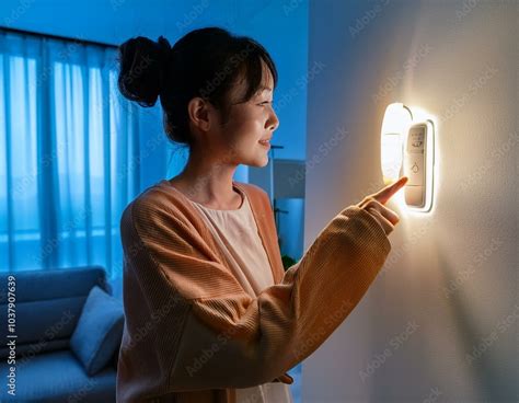 自宅で使っていない部屋の電気をこまめに消して回る人の姿。夜になっても必要最低限の照明だけを使い、エコで電気代を節約する意識が強く表れている