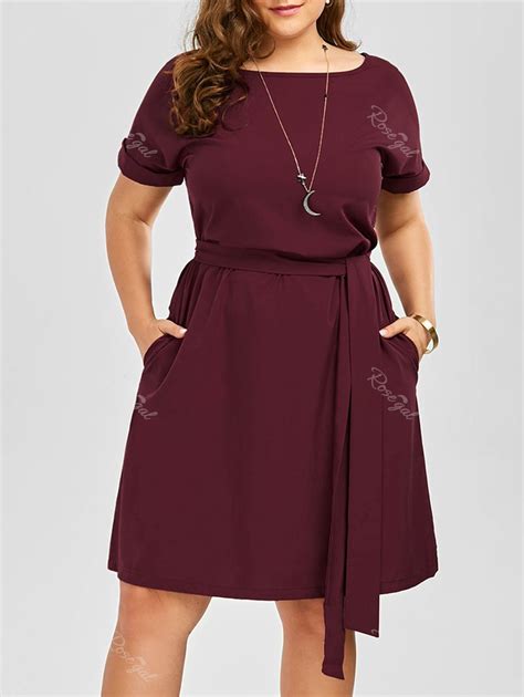 Wine Red 2xl Plus Size Belted Knee Length A Line Dress With Pocket