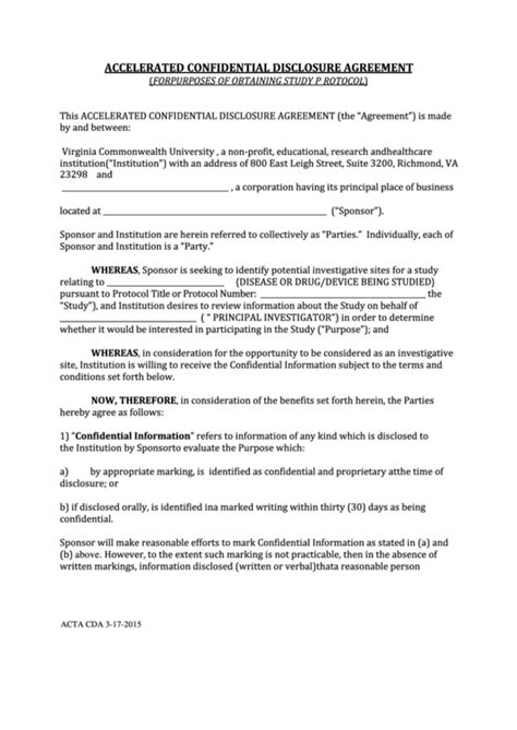 Fillable Form Acta Cda Accelerated Confidential Disclosure Agreement For Purposes Of