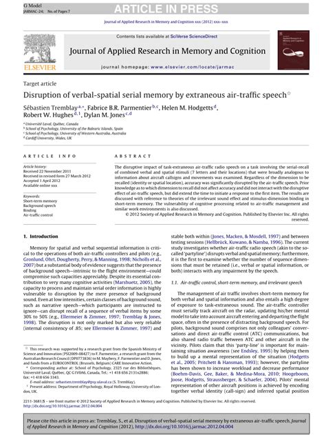 Pdf Disruption Of Verbal Spatial Memory By Extraneous Air Traffic Speech