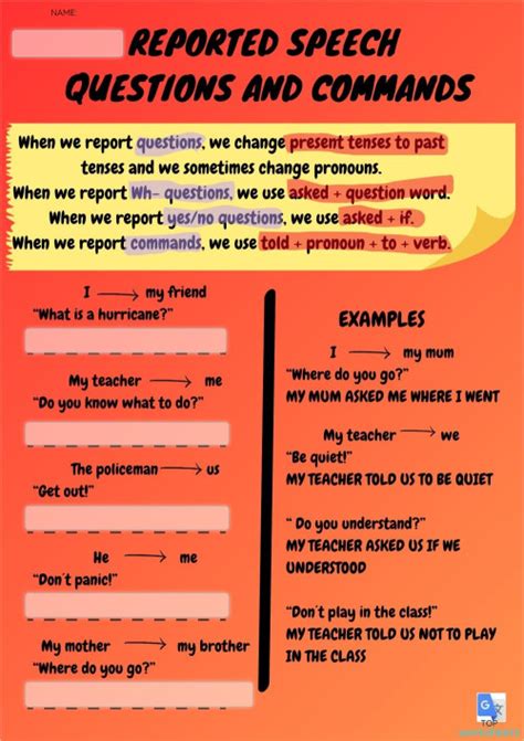 Reported Speech Questions And Commands Interactive Worksheet Topworksheets