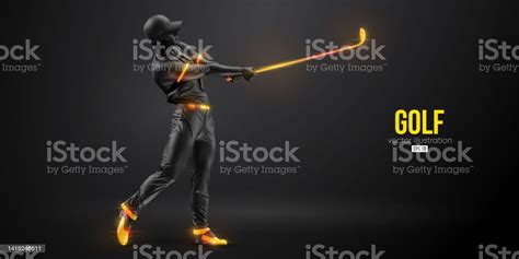 검은 배경에 골프 선수의 추상적인 실루엣 골퍼 남자가 공을 친다 벡터 일러스트 레이 션 3차원 형태에 대한 스톡 벡터 아트 및 기타 이미지 3차원 형태 골프 선수