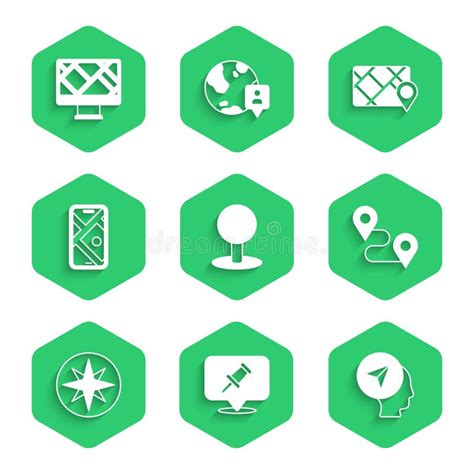 Set Push Pin Map Marker With Human Route Location Wind Rose City