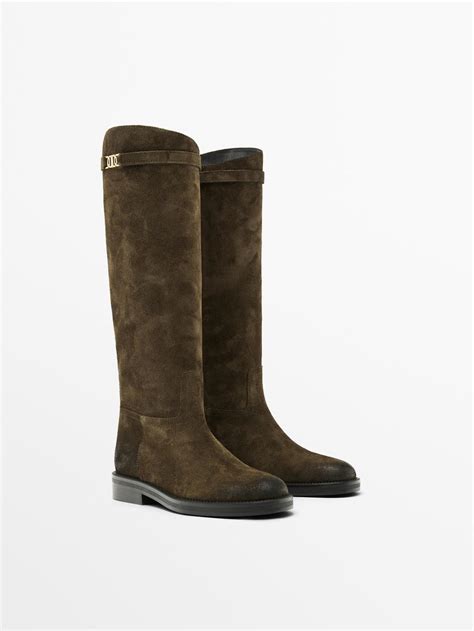 Oiled Split Suede Riding Boots · Khaki · Flatâ Boot Massimo Dutti