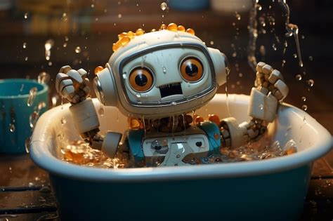 Premium Ai Image Robot Taking A Bath In The Bathtub With Water Drops