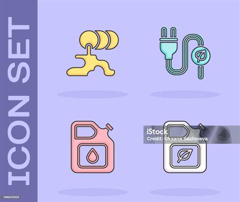 바이오 연료 캐니스터 배럴 오일 누출 휘발유 캐니스터 및 전기 절약 플러그 리프 아이콘을 설정합니다 벡터 0명에 대한 스톡 벡터 아트 및 기타 이미지 Istock