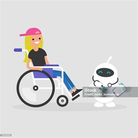 현대 건강 관리입니다 새로운 기술입니다 젊은 비활성화 문자는 휠체어에 앉아 장애입니다 귀여운 흰색 의사 로봇입니다 평면 편집 가능한 벡터 일러스트 레이 션 클립 아트 개념에