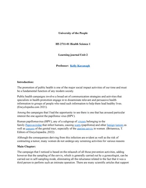 Health Science 1 Learning Journal Unit 2 University Of The People Hs 2711 01 Health Science
