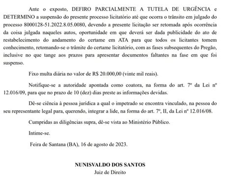 Feira de Santana Justiça suspende licitação milionária envolvendo empresa e prefeitura