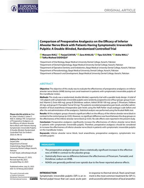 Pdf Comparison Of Preoperative Analgesics On The Efficacy Of Inferior Alveolar Nerve Block
