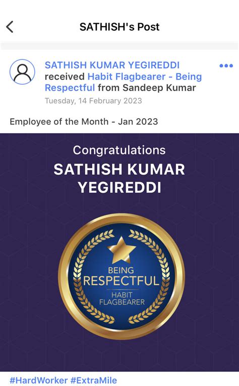 sathish kumar yegireddi on linkedin achievement in wipro