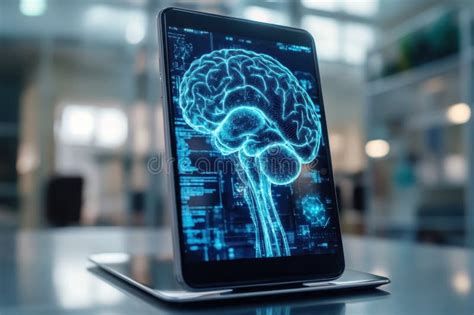 A Tablet Displaying A Digital Brain Model With Data Analysis Graphics