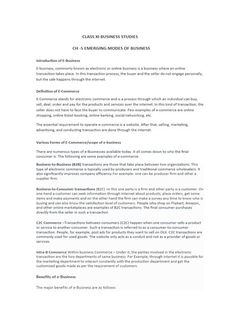 Class Xi Business Studies Pdf E Commerce Electronic Business