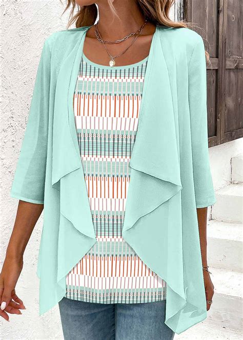 ROTITA Fake 2in1 Geometric Print Mint Green Blouse Rotita USD