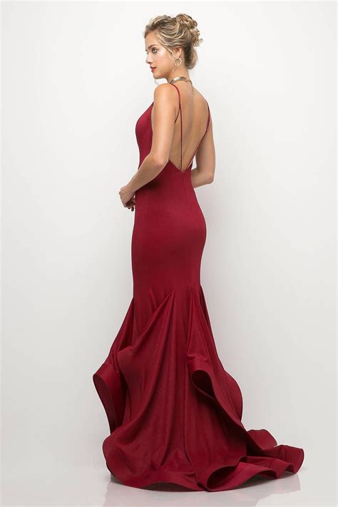 Burgundy Cinderella Divine Ue006 Long Spaghetti Strap Deep V Neck