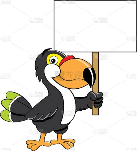 卡通大嘴鸟高兴地举着大牌子。