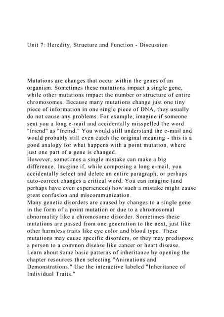 Unit 7 Heredity Structure And Function Discussionmut Docx Genetics Science