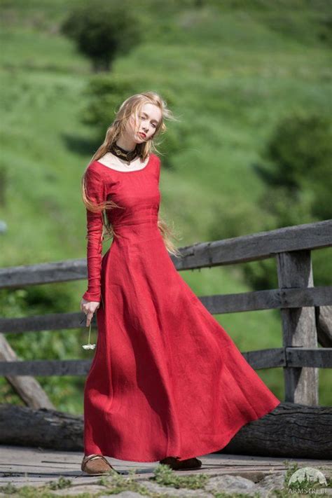 In Stock Armstreet Red Elise Medieval Long Linen Dress Tunic Womens