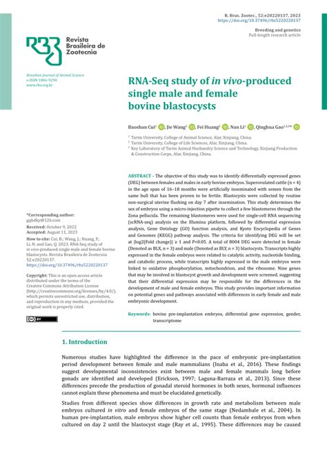 Pdf Rna Seq Study Of In Vivo Produced Single Male And Female Bovine