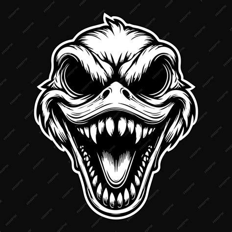 Premium Vector Dark Art Scary Duck Head With Sharp Teeth Black White