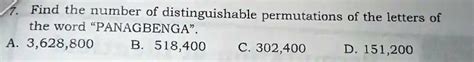 Solved Find The Number Of Distinguishable Permutations Of The Letters Of The Word Panagbenga