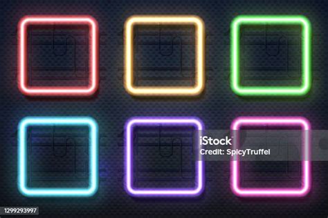 네온 사각형 램프 사실적인 전기 테두리 조명 프레임 빛나는 직사각형 간판과 벽 마운트 형광광 원소 기하학적 장식 모양 벡터 세트 네온에 대한 스톡 벡터 아트 및 기타 이미지