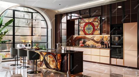 A Kitchen With A Stained Glass Window And A Table With Chairs And A