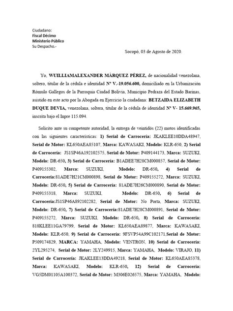 Solicitud De Entrega De Vehiculo Ante La Fiscalia Dema Pdf