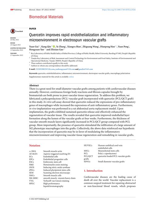 Quercetin Improves Rapid Endothelialization And Inflammatory
