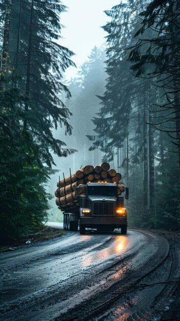 Premium Photo Loaded Logging Truck Travels A Misty Wet Road Amidst