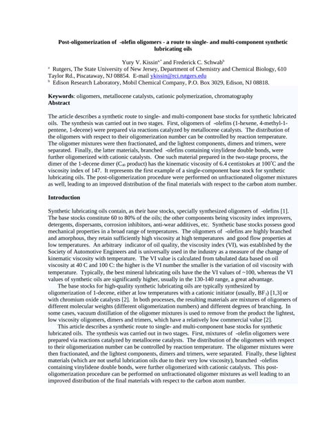 Pdf Post Oligomerization Of Alpha Olefin Oligomers A Route To Single