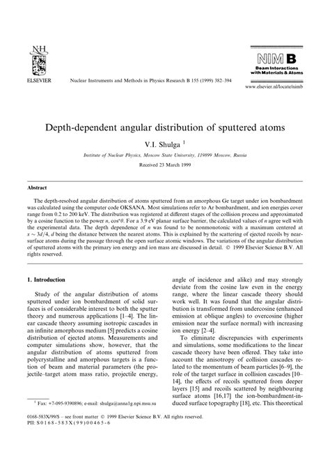 Pdf Depth Dependent Angular Distribution Of Sputtered Atoms