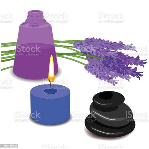 Spa 구성 라벤더 에센셜 오일 한 병 조명 촛불과 자갈 벡터 건강관리와 의술에 대한 스톡 벡터 아트 및 기타 이미지 건강