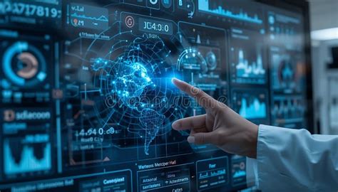 Analyzing Digital Earth Map Data On Screen With Touch Technology Stock