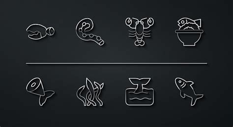 세트 라인 랍스터 또는 게 발톱 물고기 꼬리 그릇에 생선 바다 파도에 고래 해초 촉수의 문어 상어와 아이콘 벡터 검은색에 대한 스톡 벡터 아트 및 기타 이미지 Istock