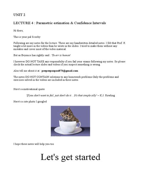 Lets Get Started Unit 2 Lecture 4 Parametric Estimation And Confidence