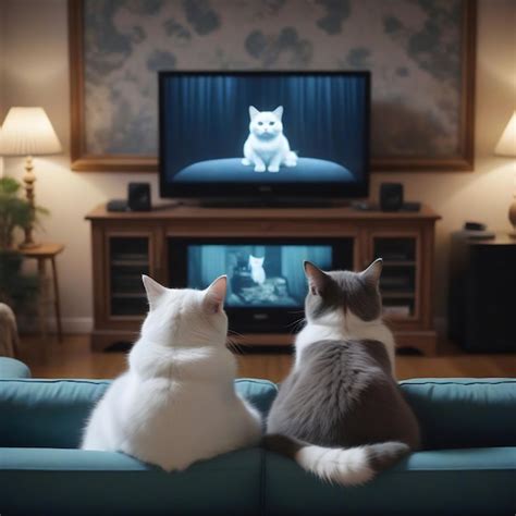 Two Cats Watching Tv With A Cat On The Screen Premium Ai Generated Image