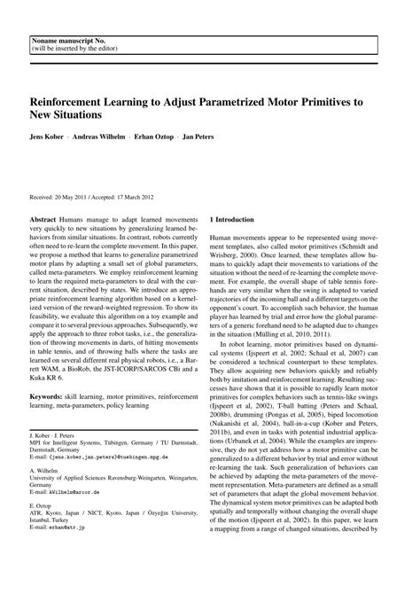 Pdf Reinforcement Learning To Adjust Parametrized Motor Primitives To