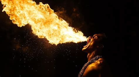 A Man Breathes Fire His Face Contorted In Concentration As A Stream Of