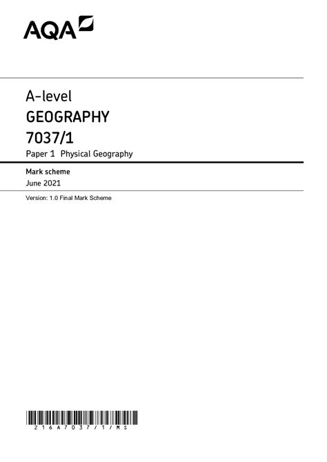 AQA A Level GEOGRAPHY 7037 Paper 1 Physical Geography Mark Scheme
