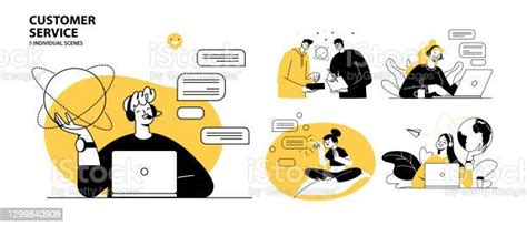 고객 서비스 컨셉 일러스트레이션입니다 기술 지원 도우미 고객 및 운영자 벡터에 대한 개별 장면의 컬렉션 고객 서비스 핫라인