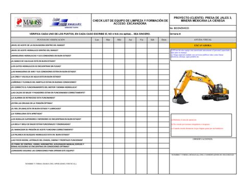CHECK LIST DE LA EXCAVADORA | PDF | Vehículos | Ingeniería mecánica