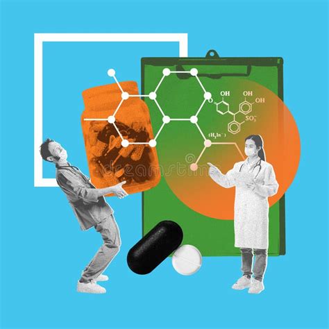 Man Holding Pill Bottle While Woman Scientist Working On Chemical Structure Contemporary Art
