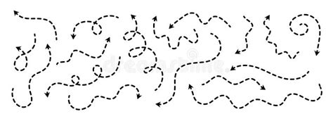 Black Dotted Thin Arrows Set Wavy And Curved Dashed Pointers Collection Wiggly Sketchy