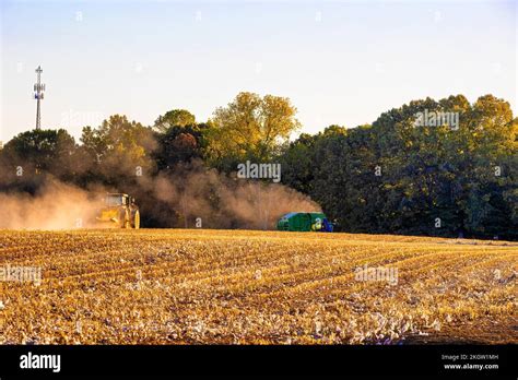 Rural Arkansas USA October 1 2022 A Tractor Travels Back Across A